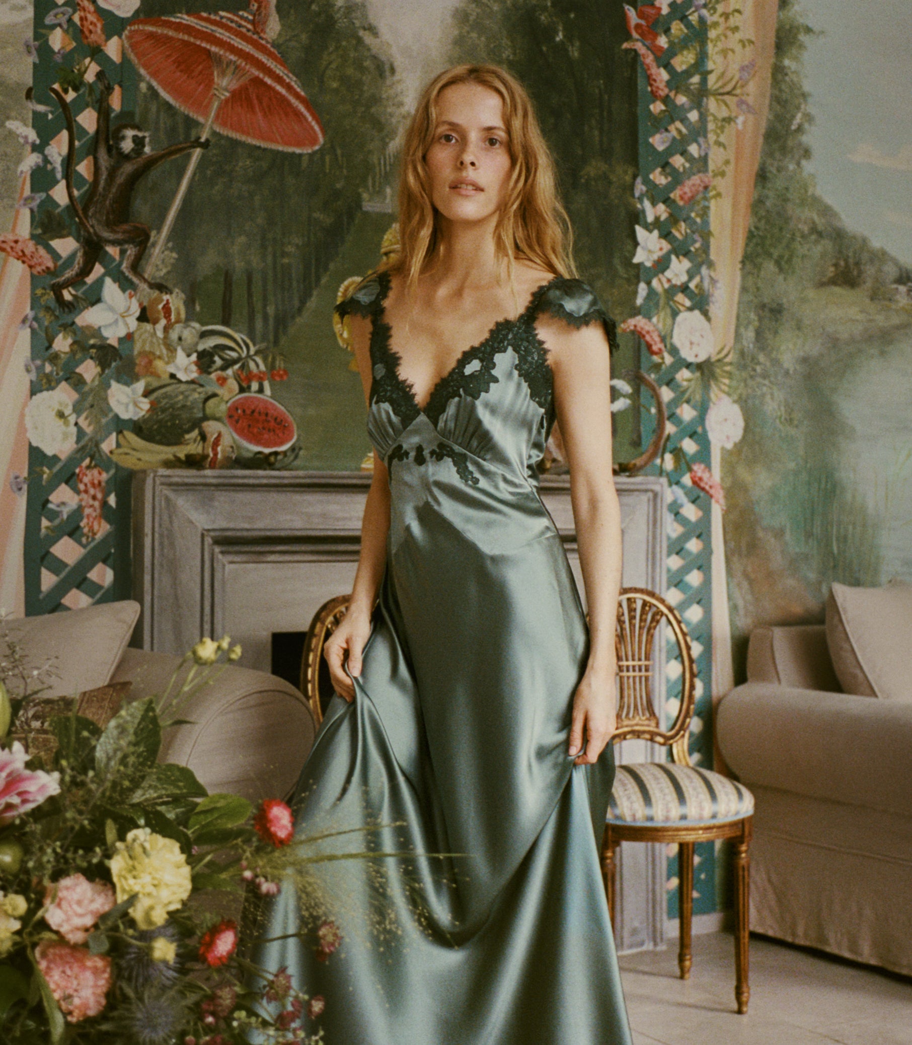 DÔEN DOEN Fiona Silk Satin Lace Trim Maxi Dress